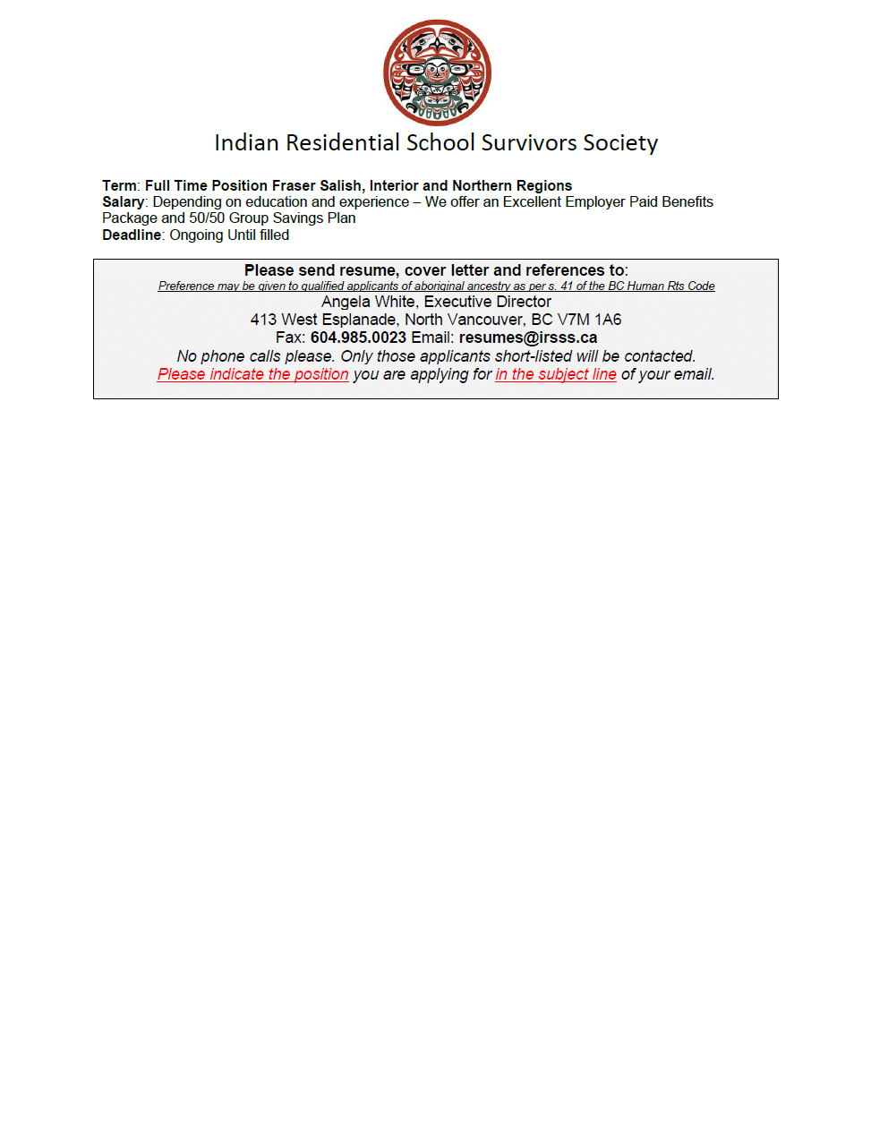 Indian Residential School Survivors Society Employment Opportunities ...