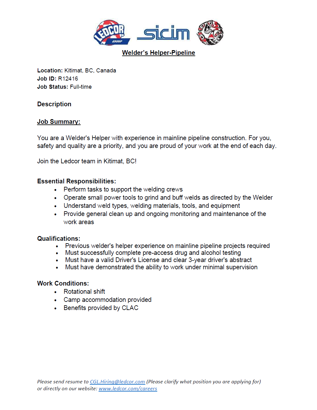 Ledcor Job Postings - Welder's Helper & Grader Operator - West Moberly ...