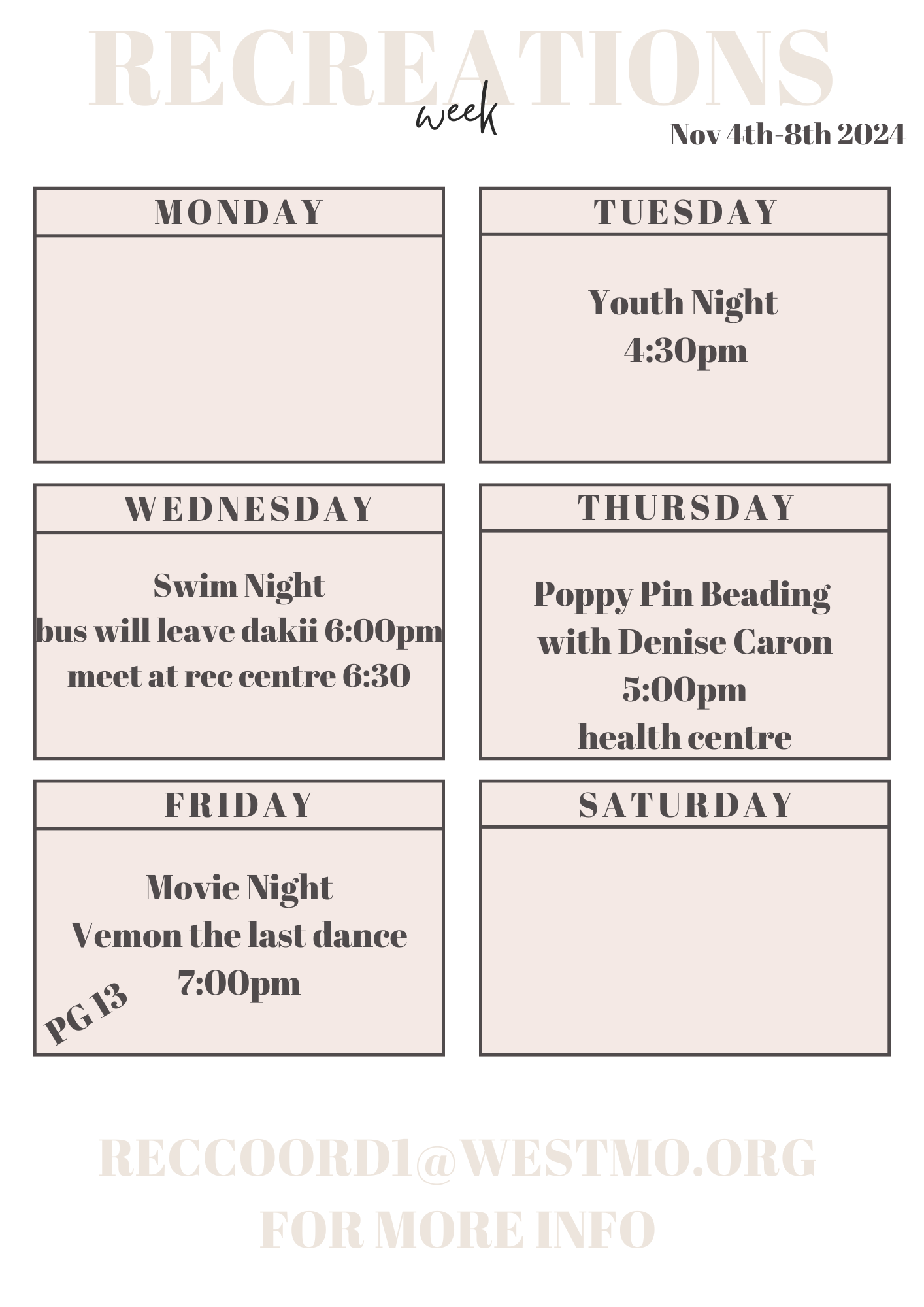 Recreation Weekly Calendar-Nov 4th-8th, 2024 - West Moberly First Nations