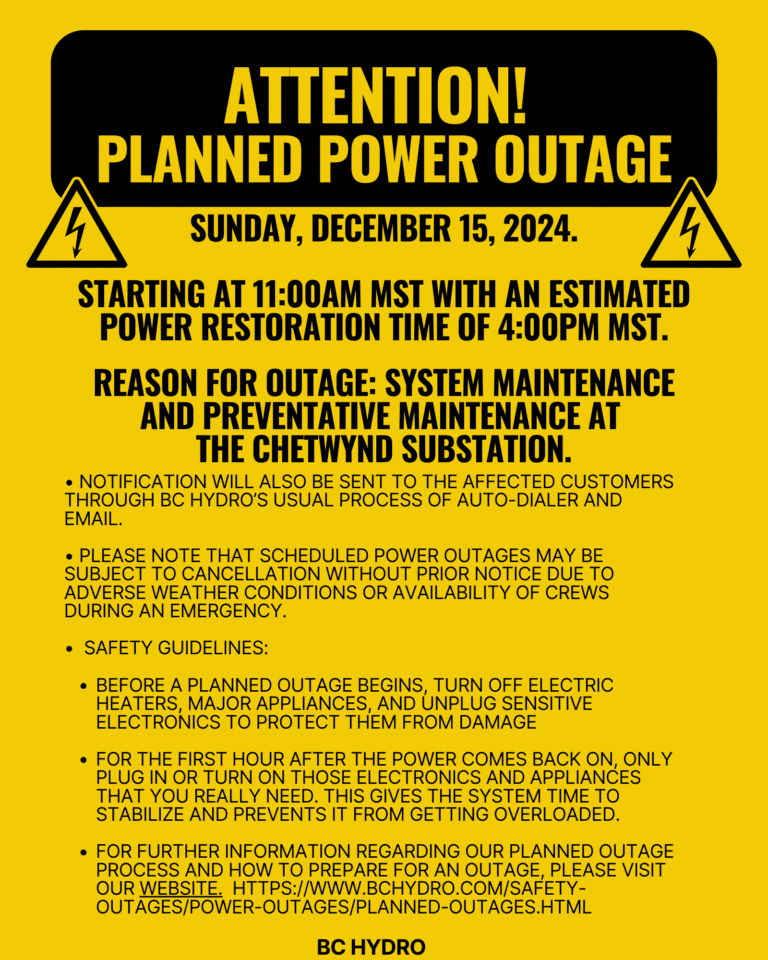 Planned Power Outage-Dec. 15, 2024 - West Moberly First Nations