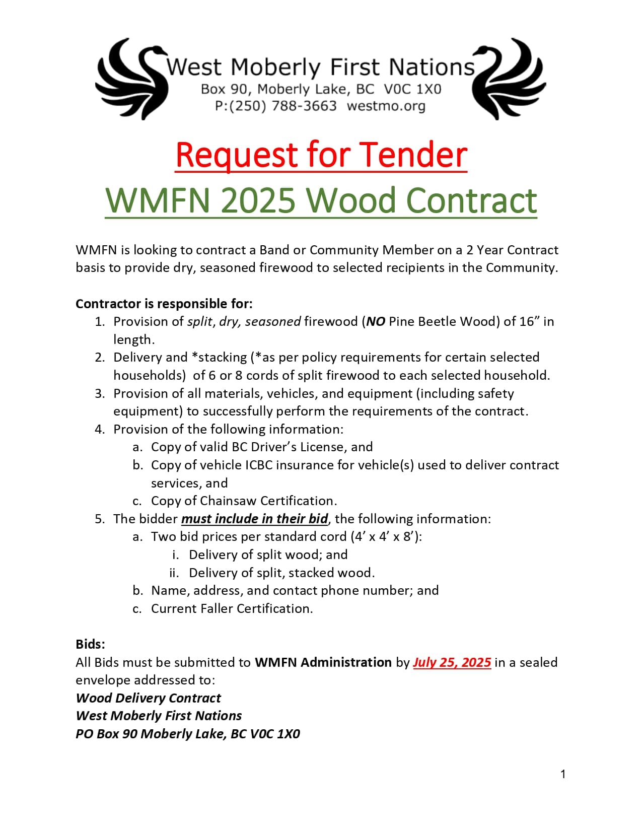 Request for Tender WMFN 2025 Wood Contract - West Moberly First Nations
