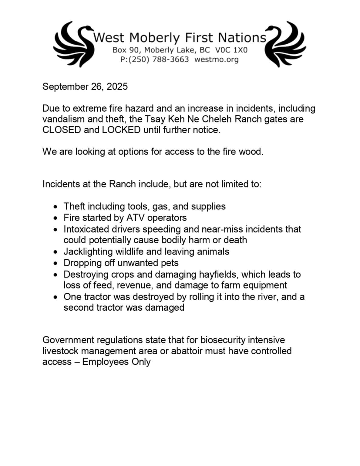Notice: Please be aware of these changes - West Moberly First Nations